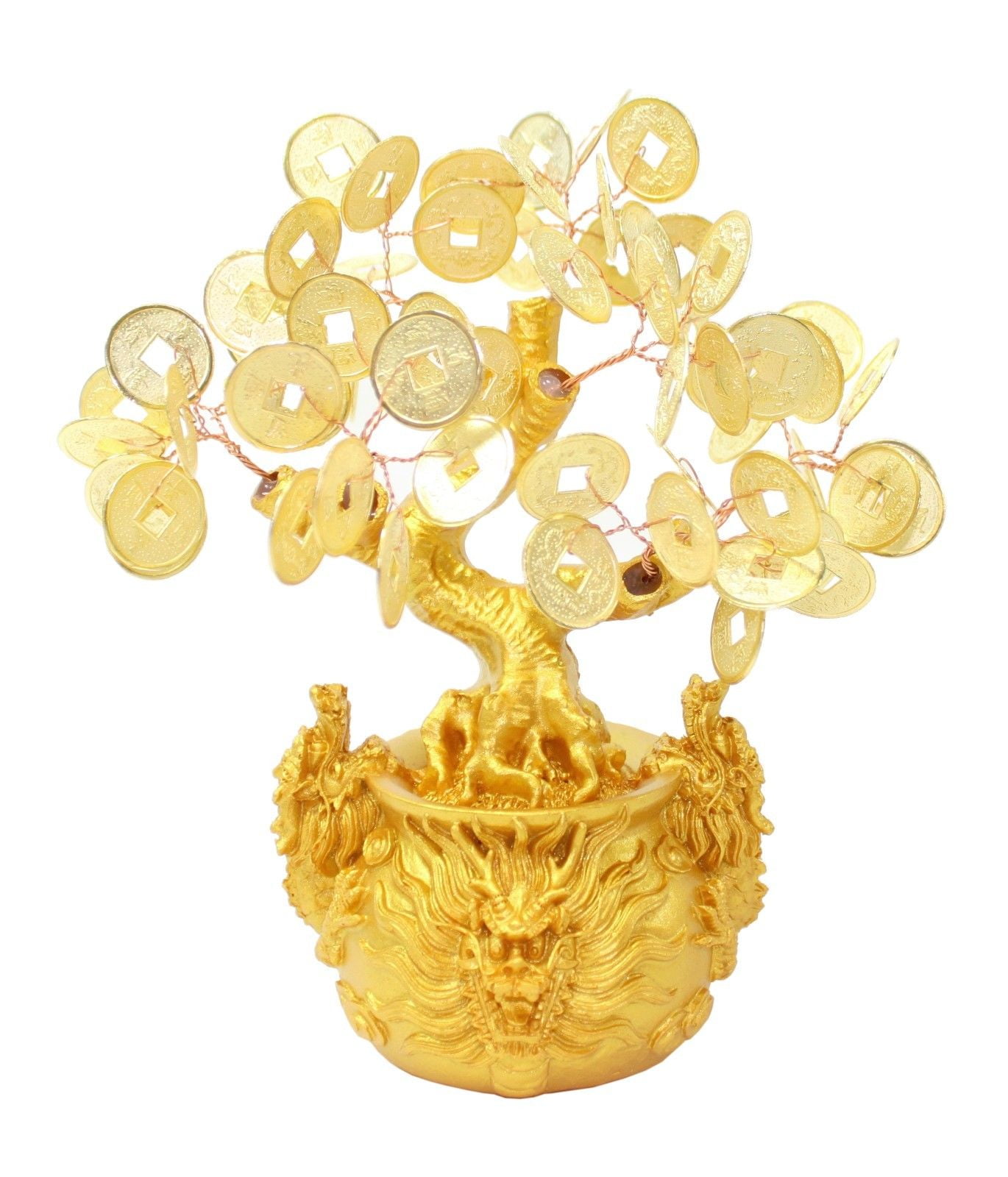 7" Feng Shui Gold Money Fortune Coins Tree in Dragon Pot Bonsai Home ...