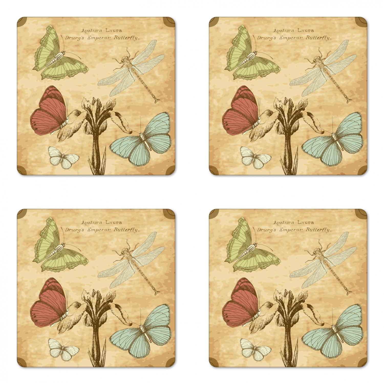 Dragonfly Coaster Set of 4, Retro Style Butterflies with Flower Petals ...
