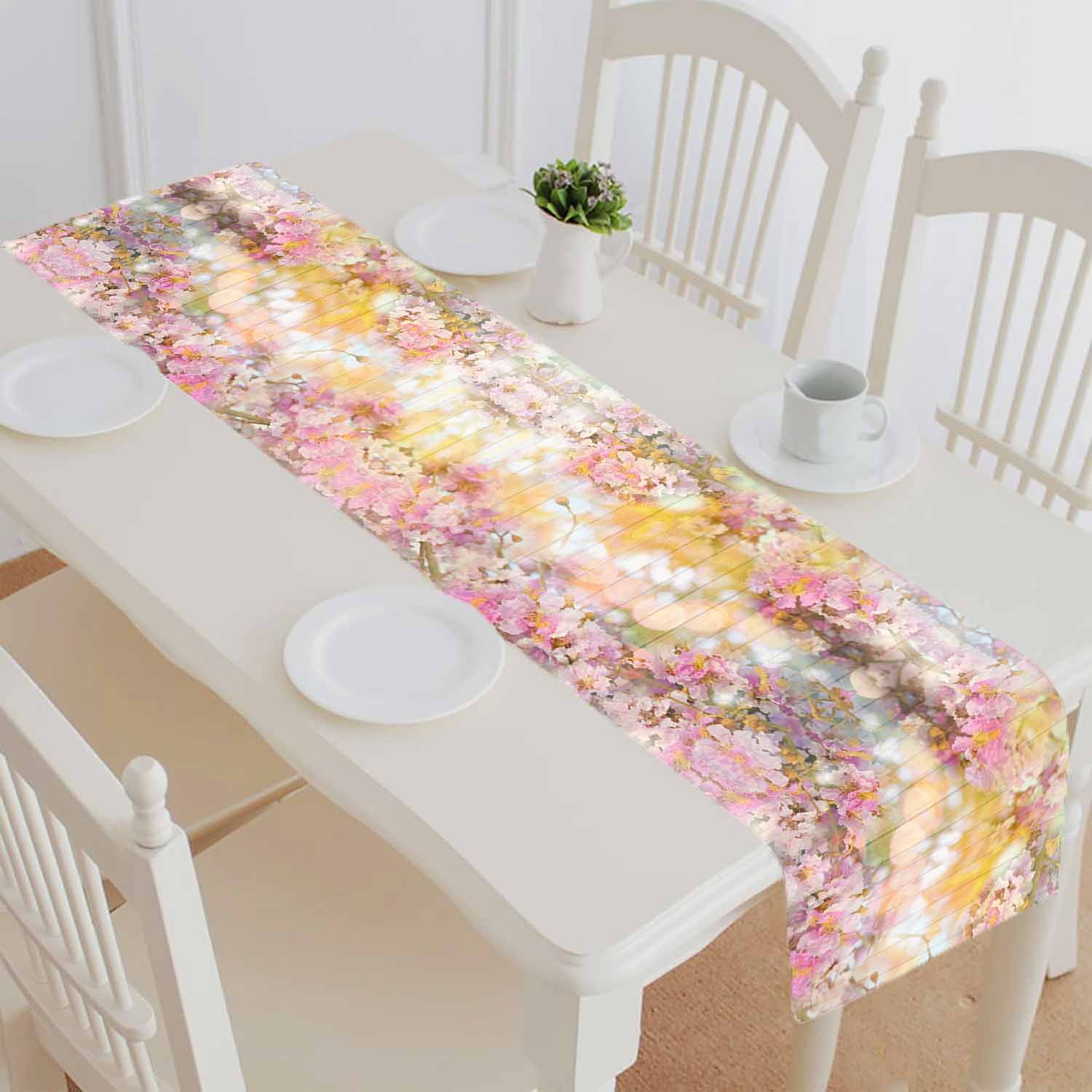 PKQWTM Pink Cherry Blossom Cotton and Linen Table Runner Kitchen Dining ...