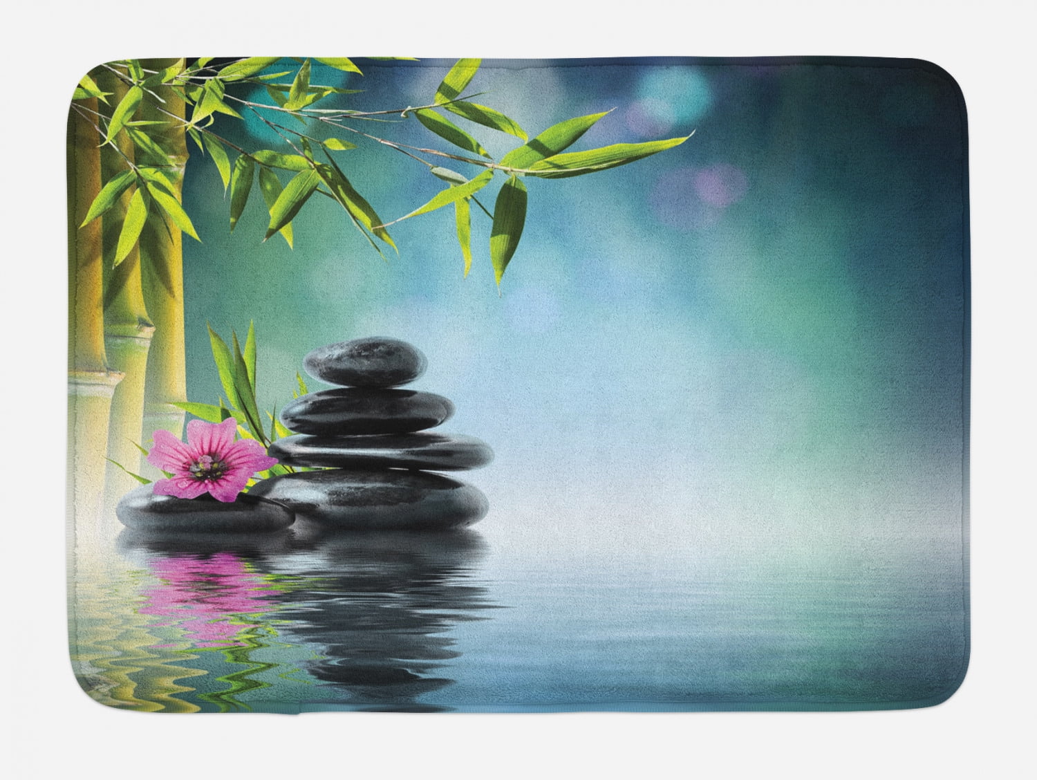 Spa Bath Mat, Tower Stone and Hibiscus with Bamboo on the Water Blurry ...