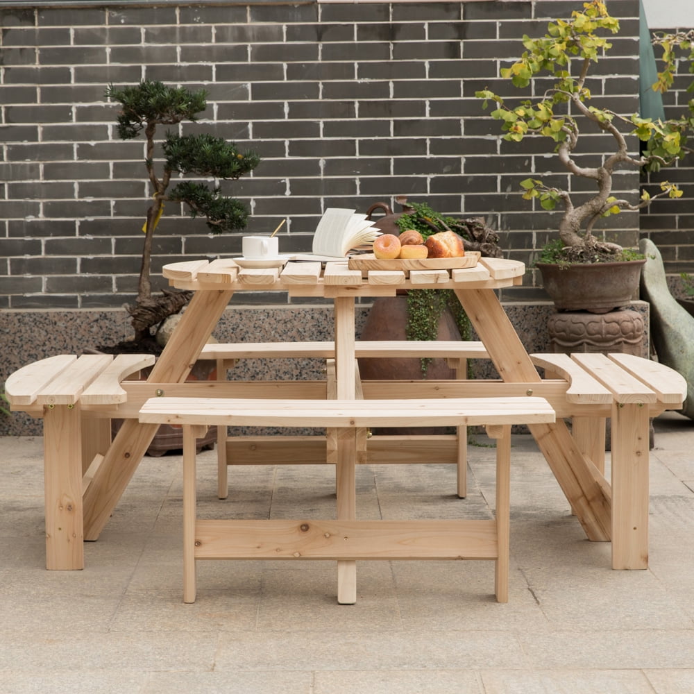 Round wooden picnic bench 8 seater store