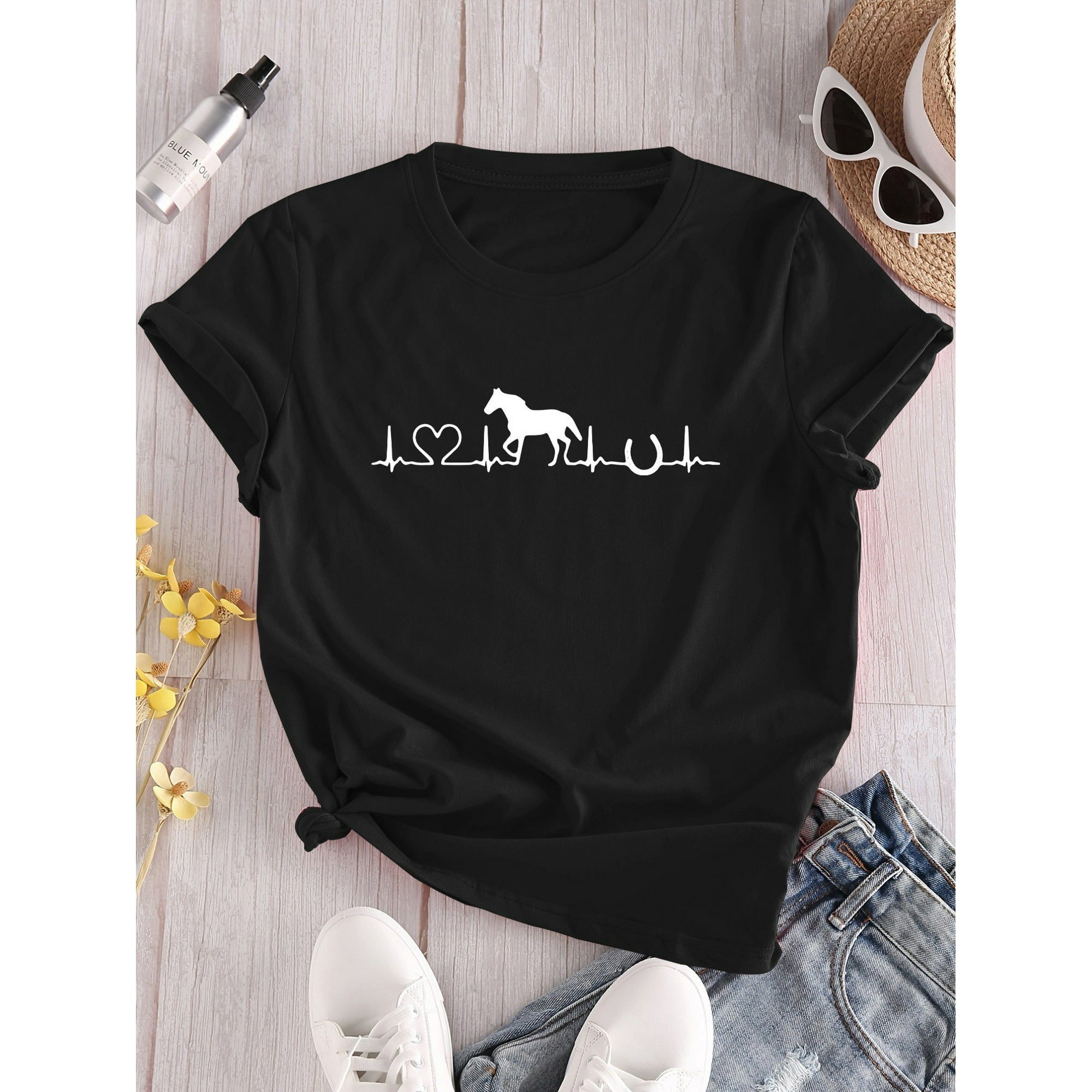 Click here for Generic Womens Casual T-Shirt With Horse & Heartbe... prices