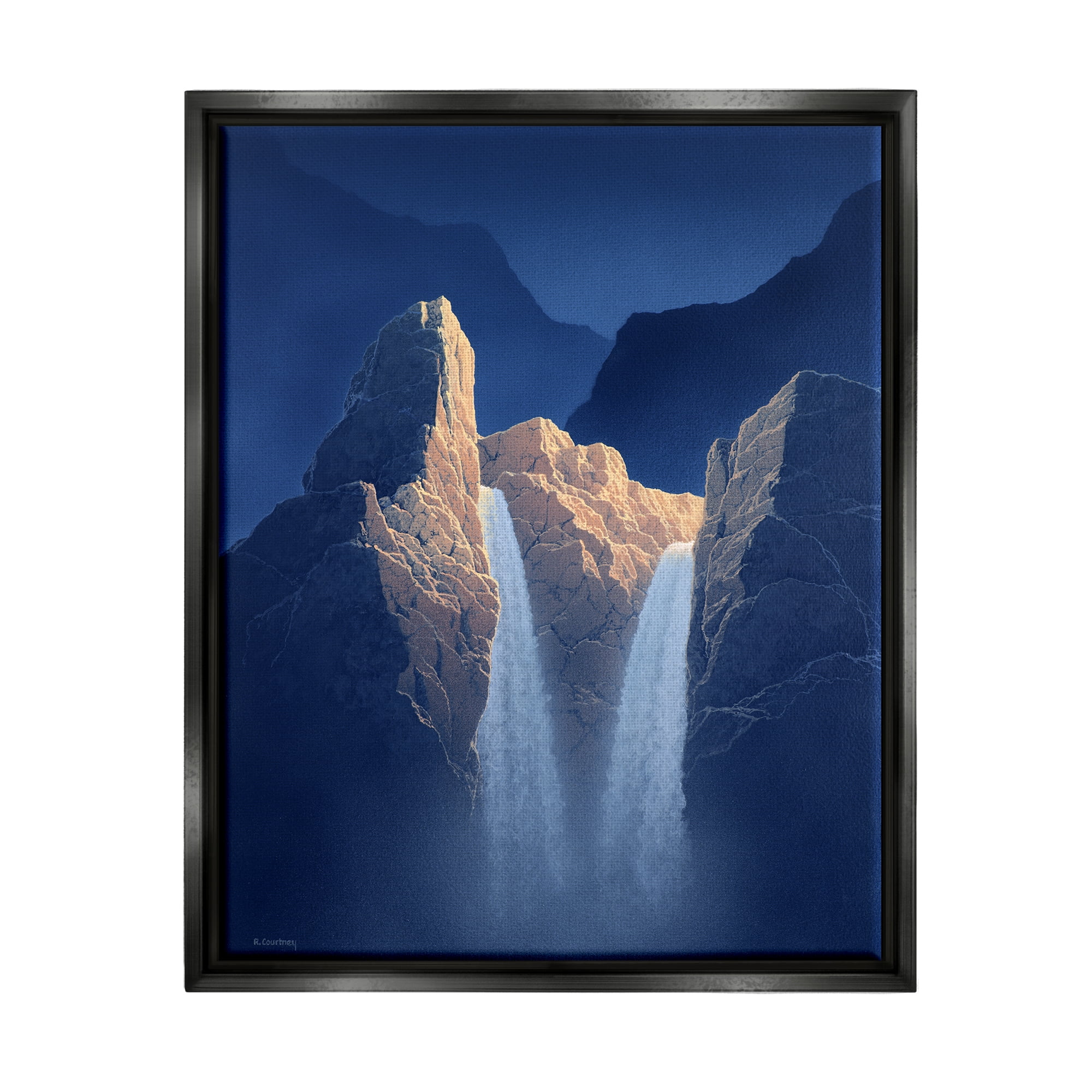 Stupell Two Waterfalls Nighttime Peaks Landscape Painting Black Floater ...