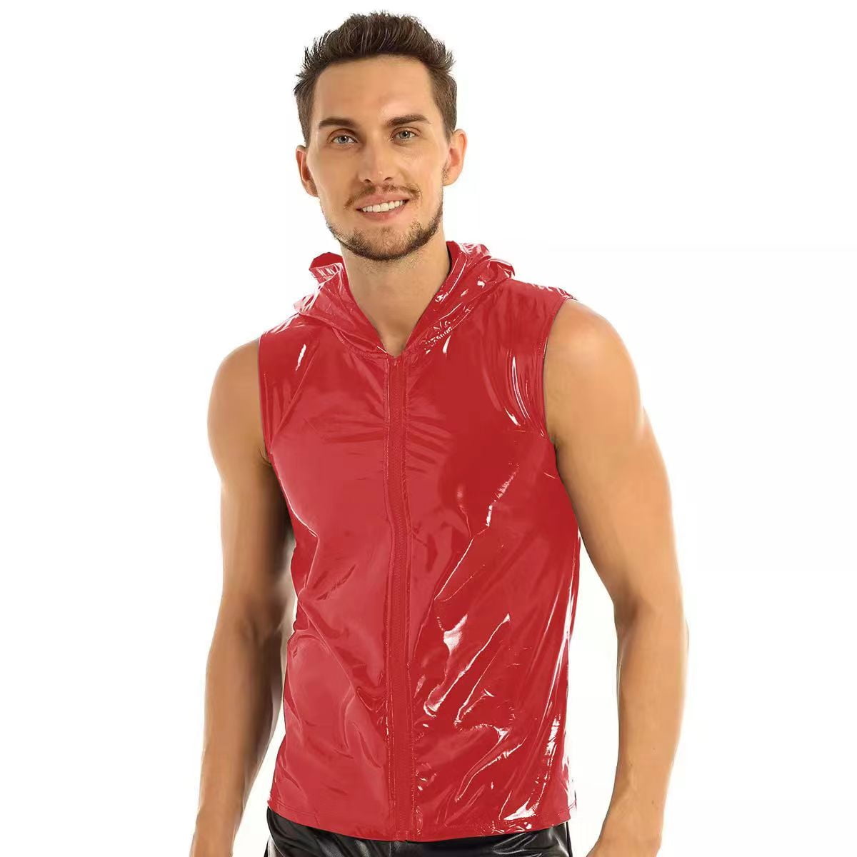 Men Sexy Leather Tank Top, Shiny PVC Leather, Hoodies Shirts Sleeveless ...