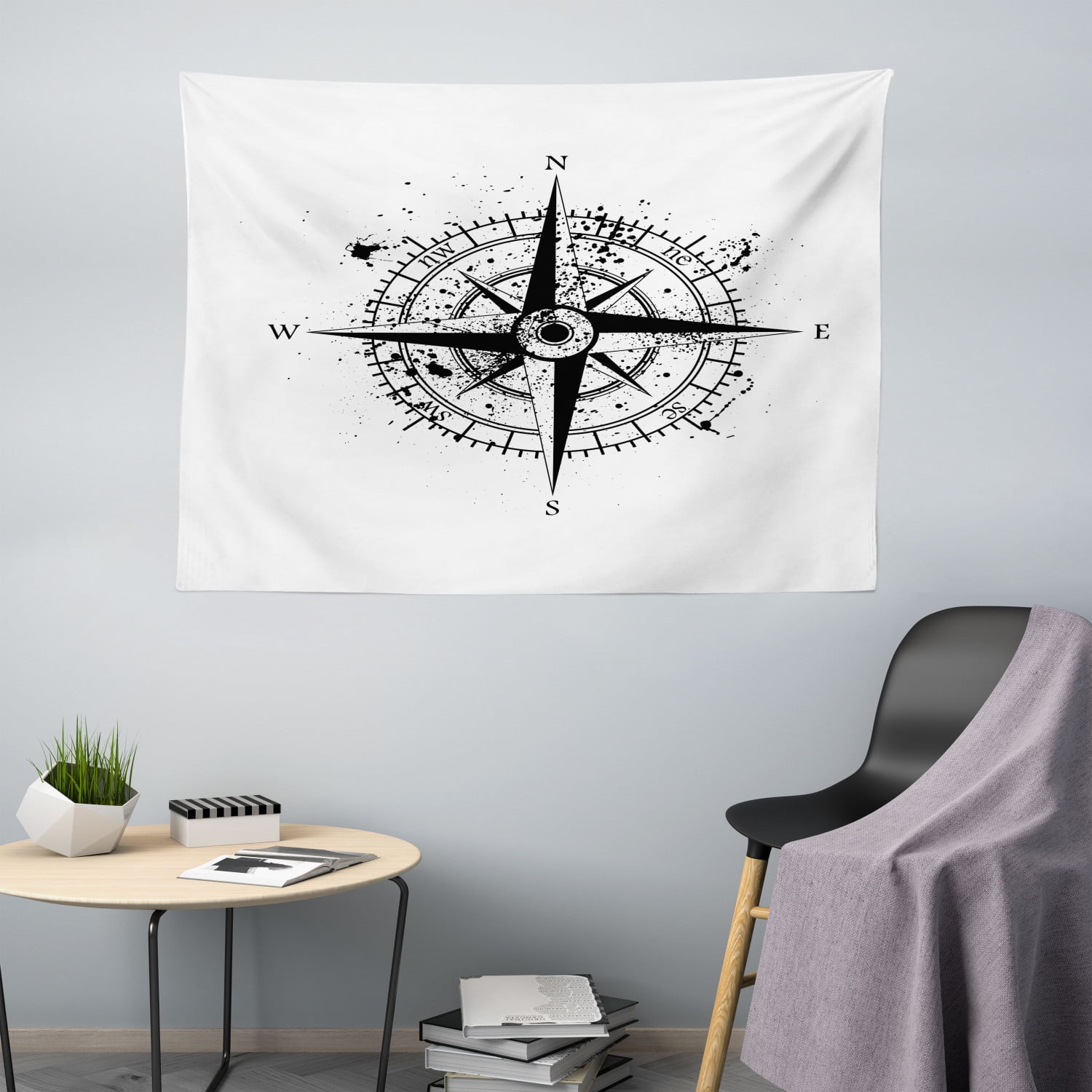 Maritime Tapestry, Monochromatic Graphic of Grunge Splashes Compass ...