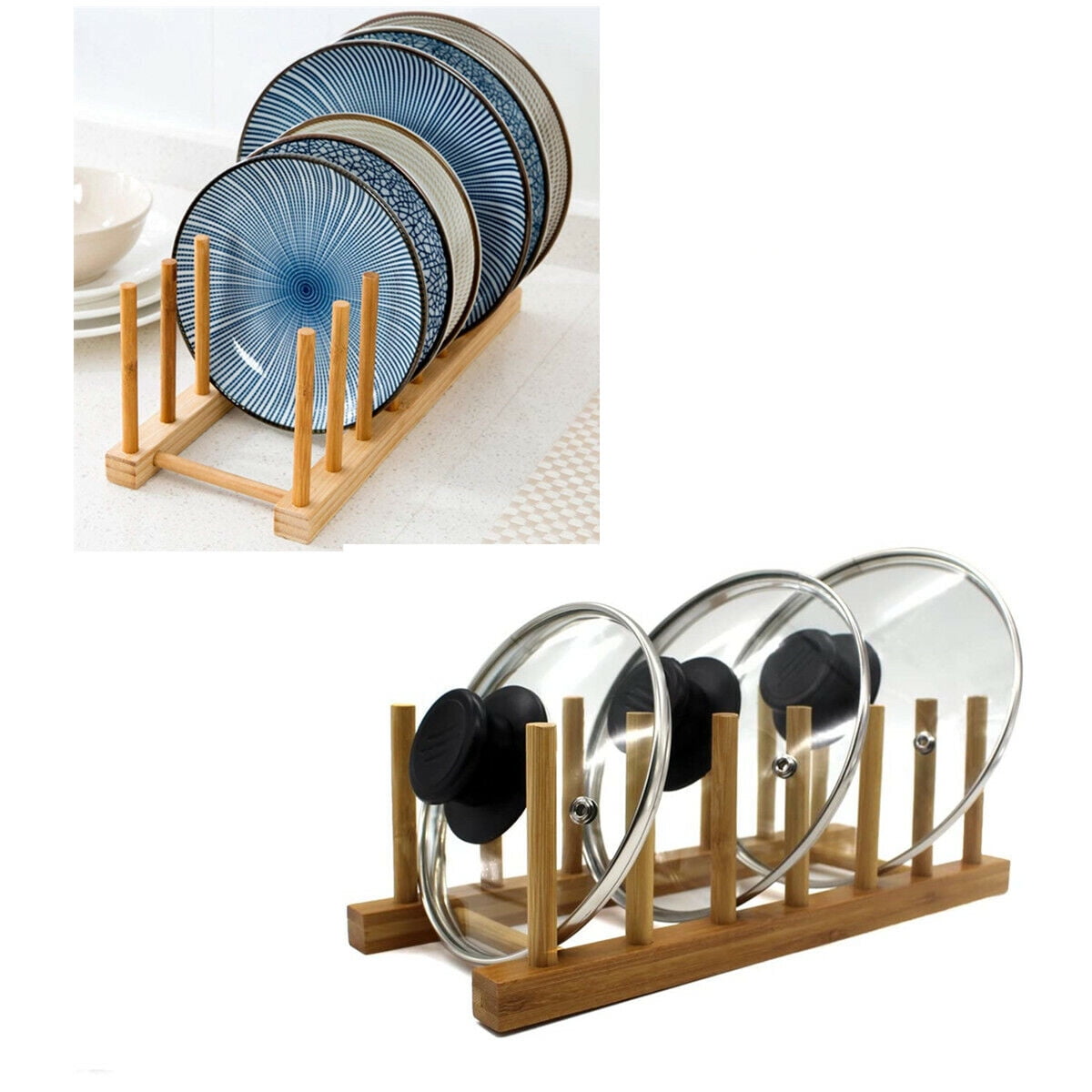 Bamboo Wooden Dish Rack, Plate Rack Stand Pot Lid Holder, Kitchen ...