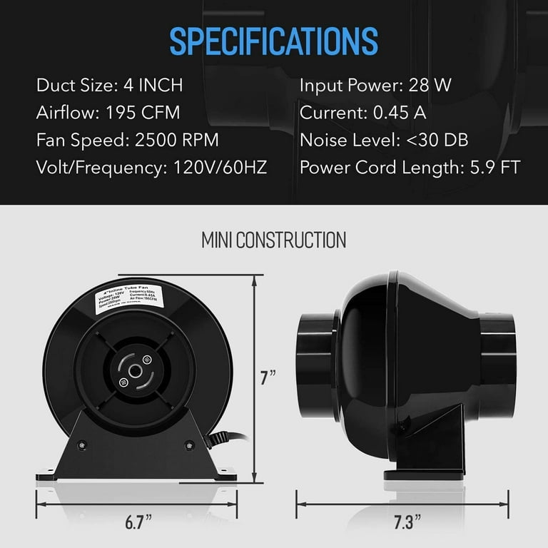 iPower 4 inch 195 CFM Inline Ventilation Fan Circulation Vent Blower and Air Carbon Filter 8 ft Ducting Combo Kits Walmart
