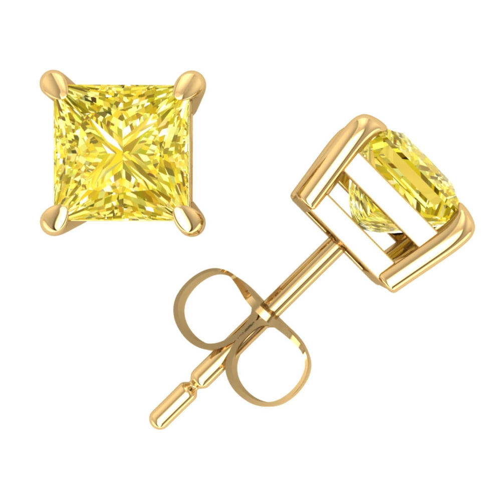 1 1/4Ct Princess Cut Yellow Diamond Solitaire Stud Earrings 14k Yellow ...
