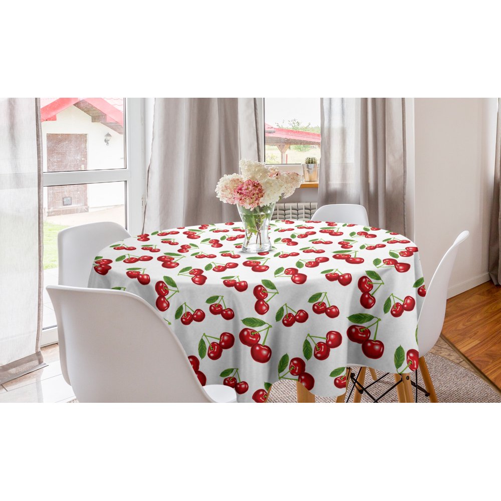 Fruit Round Tablecloth, Cherry Design Fresh Berry Fruit Summer Green ...