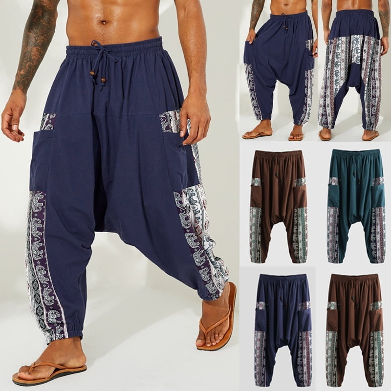 Ethnic Style Mens Cotton Baggy Pants Chinese Style Pants Loose Elastic