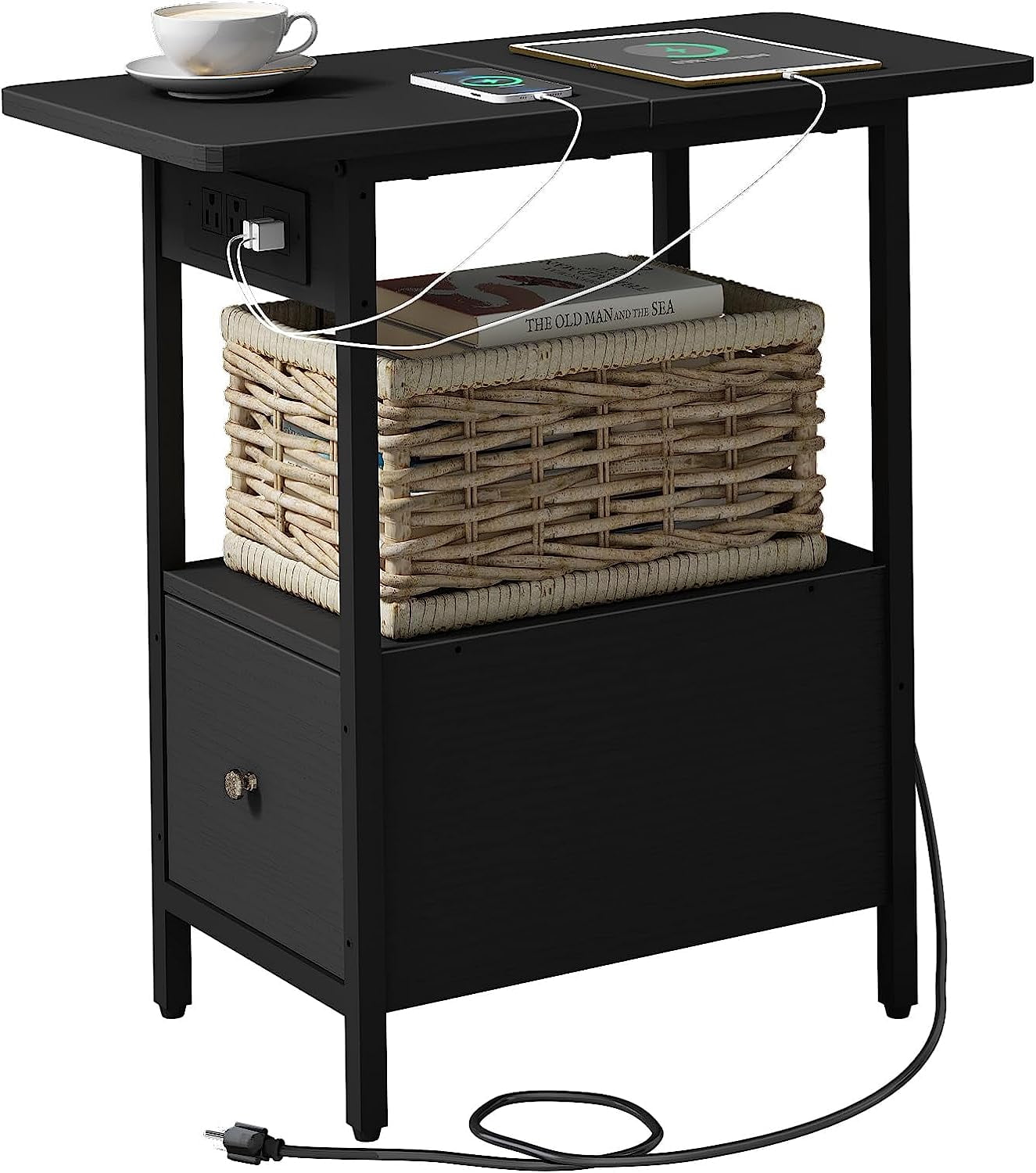 SHMAMT End Table with Charging Station, Narrow Side Table with Drawer ...