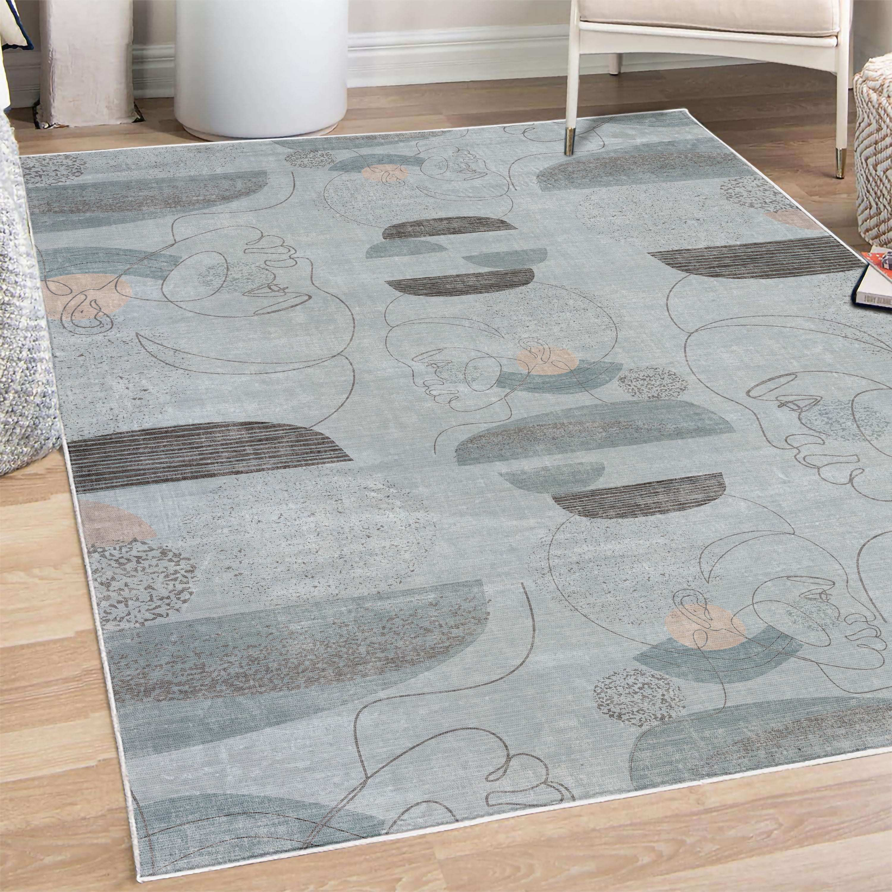 Contemporary Decorative Rug, Modern Style Abstract Minimal Line Art ...