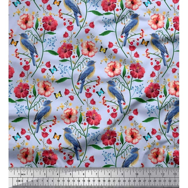 Soimoi Blue Satin Silk Fabric Insect,Floral & Bluebird Bird Print ...