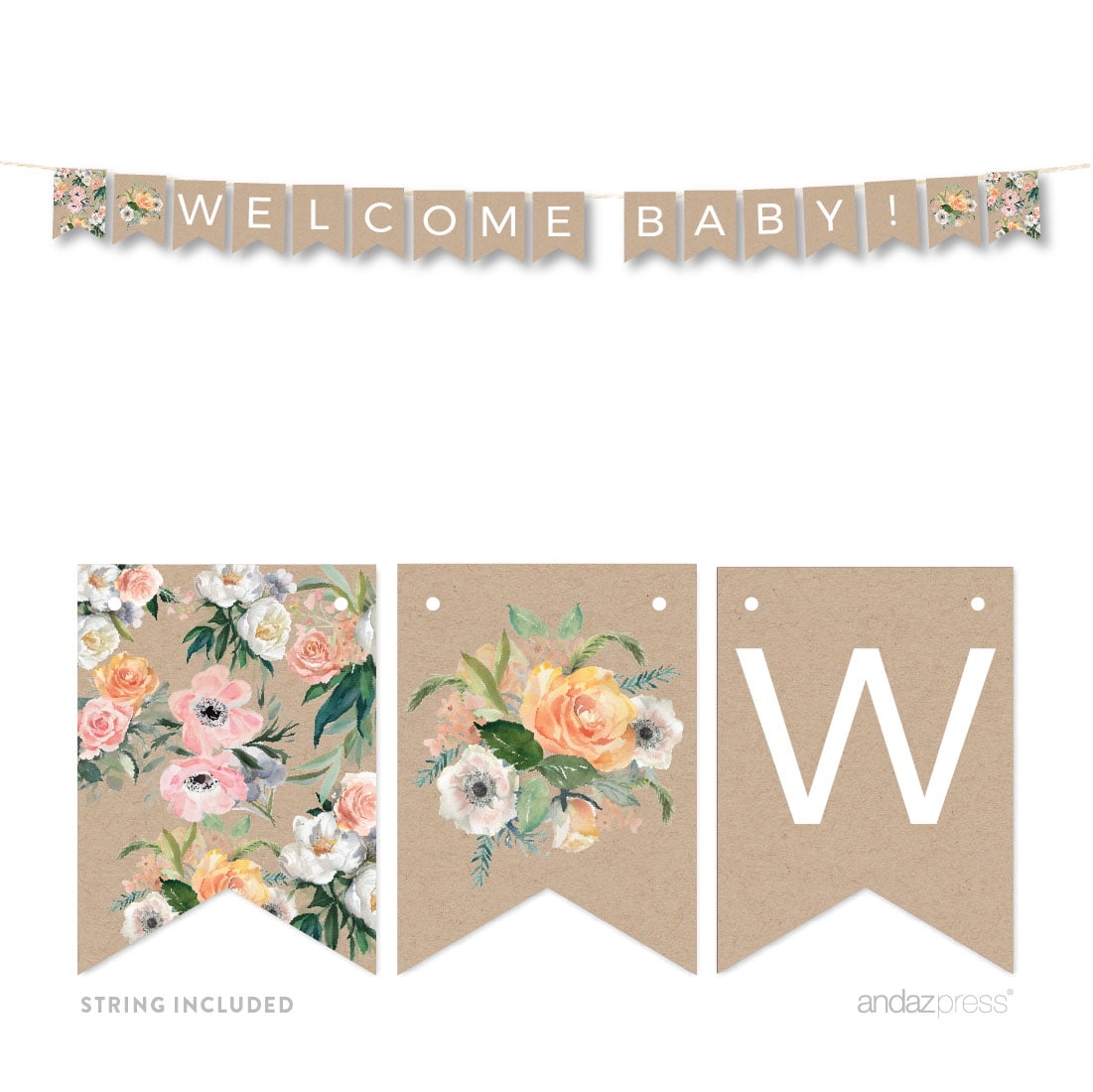 Peach Rustic Floral Garden Party, Welcome Baby!, 5-Feet Hanging Pennant ...