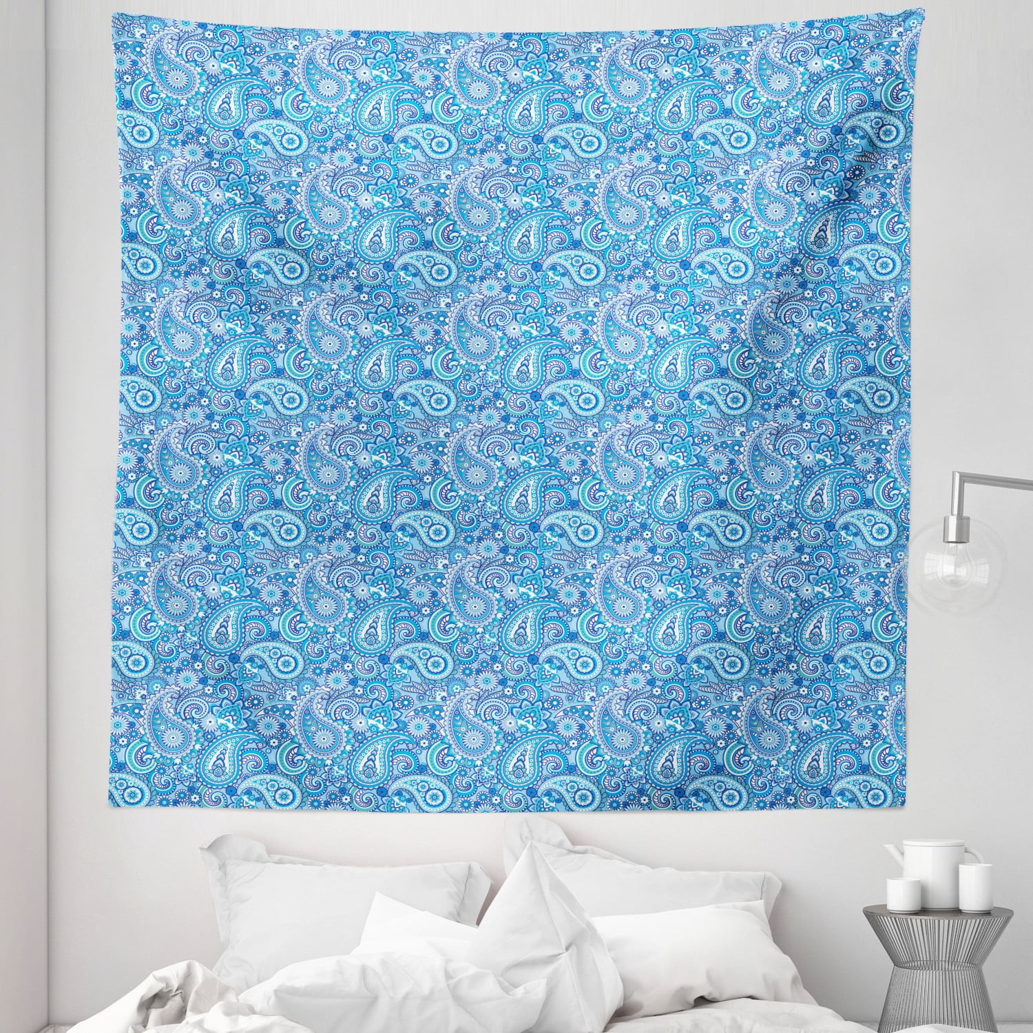 Blue Paisley Tapestry, Repetitive Folk Art Pine Cone Shaped Motif in ...
