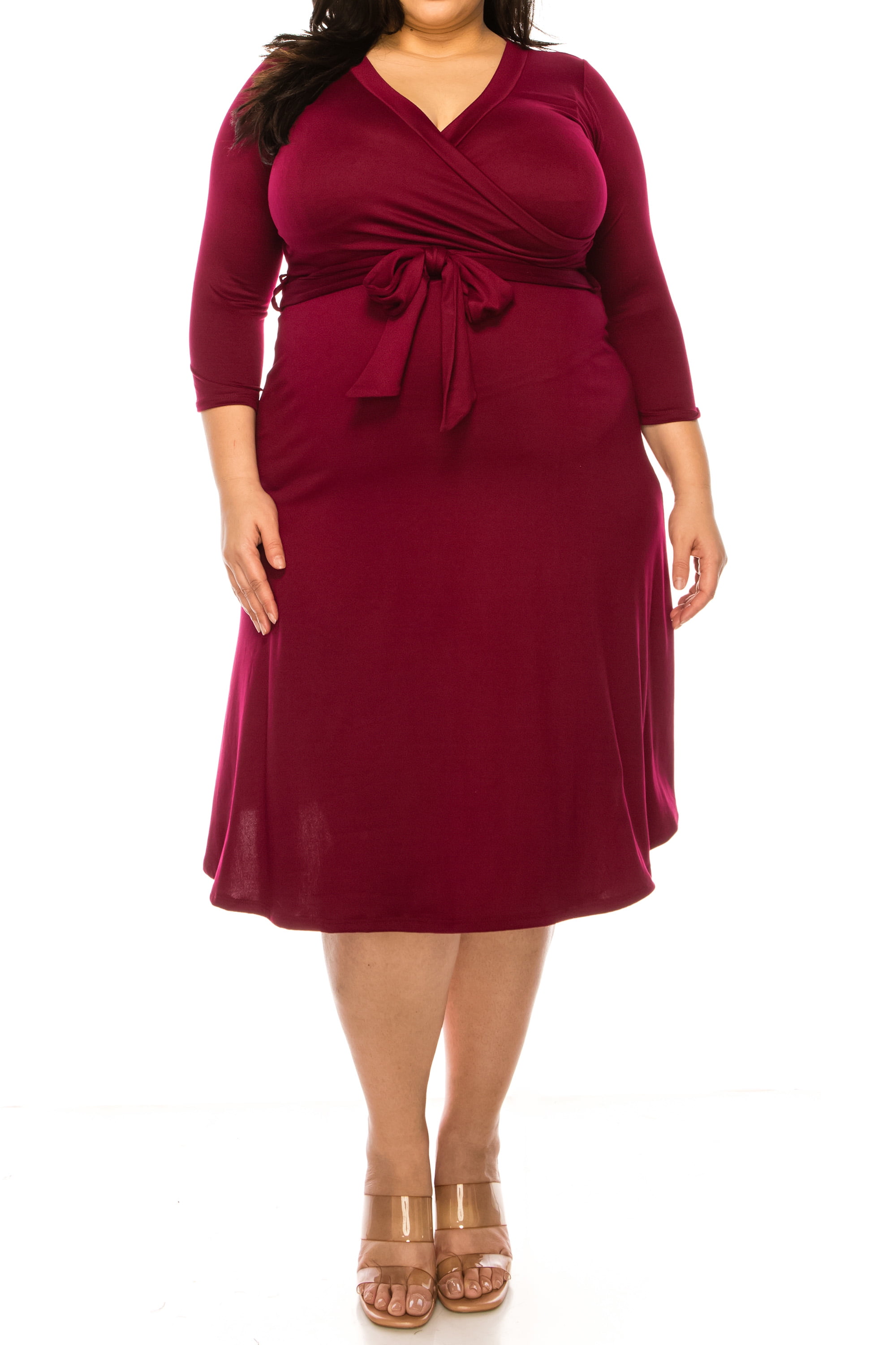 Women's Plus Size Wrap Dress 3/4 Sleeve V-Neck Waist Tie - Walmart.com
