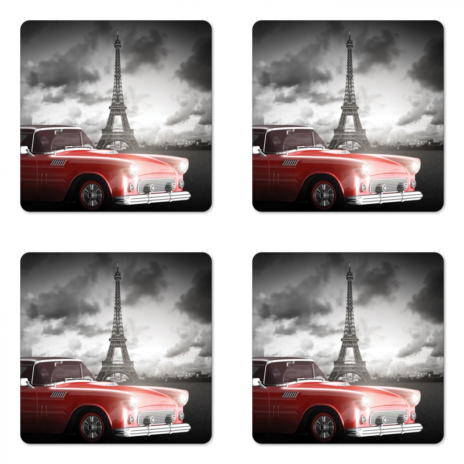 Paris Coaster Set of 4, Vintage Car Tour Eiffel in Cold Cloudy Day ...
