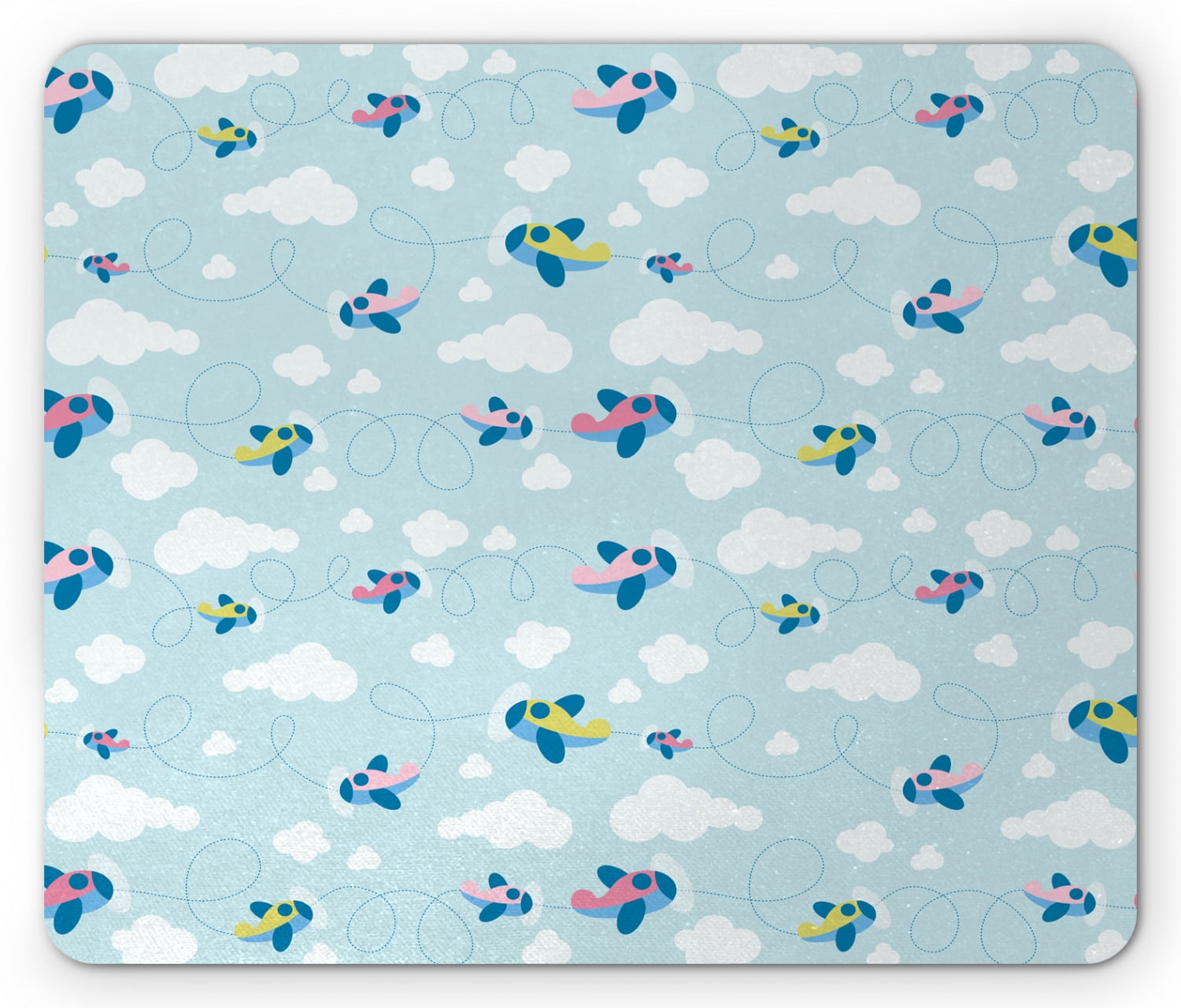 Plane Mouse Pad, Cartoon Style Sky with Airplanes and Clouds Swirls ...