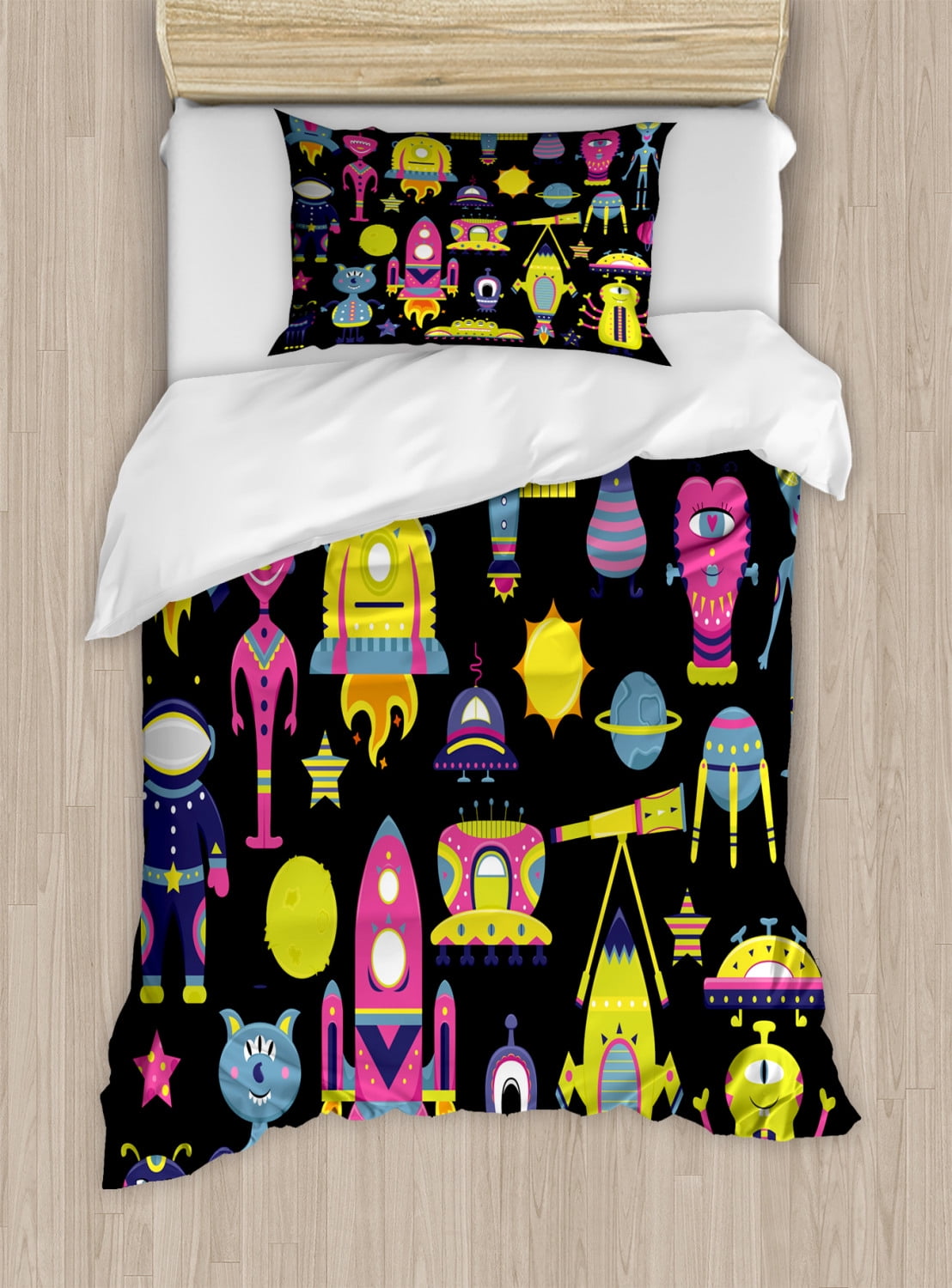 Alien Duvet Cover Set Twin Size, Funny Characters Space Rockets Funny ...