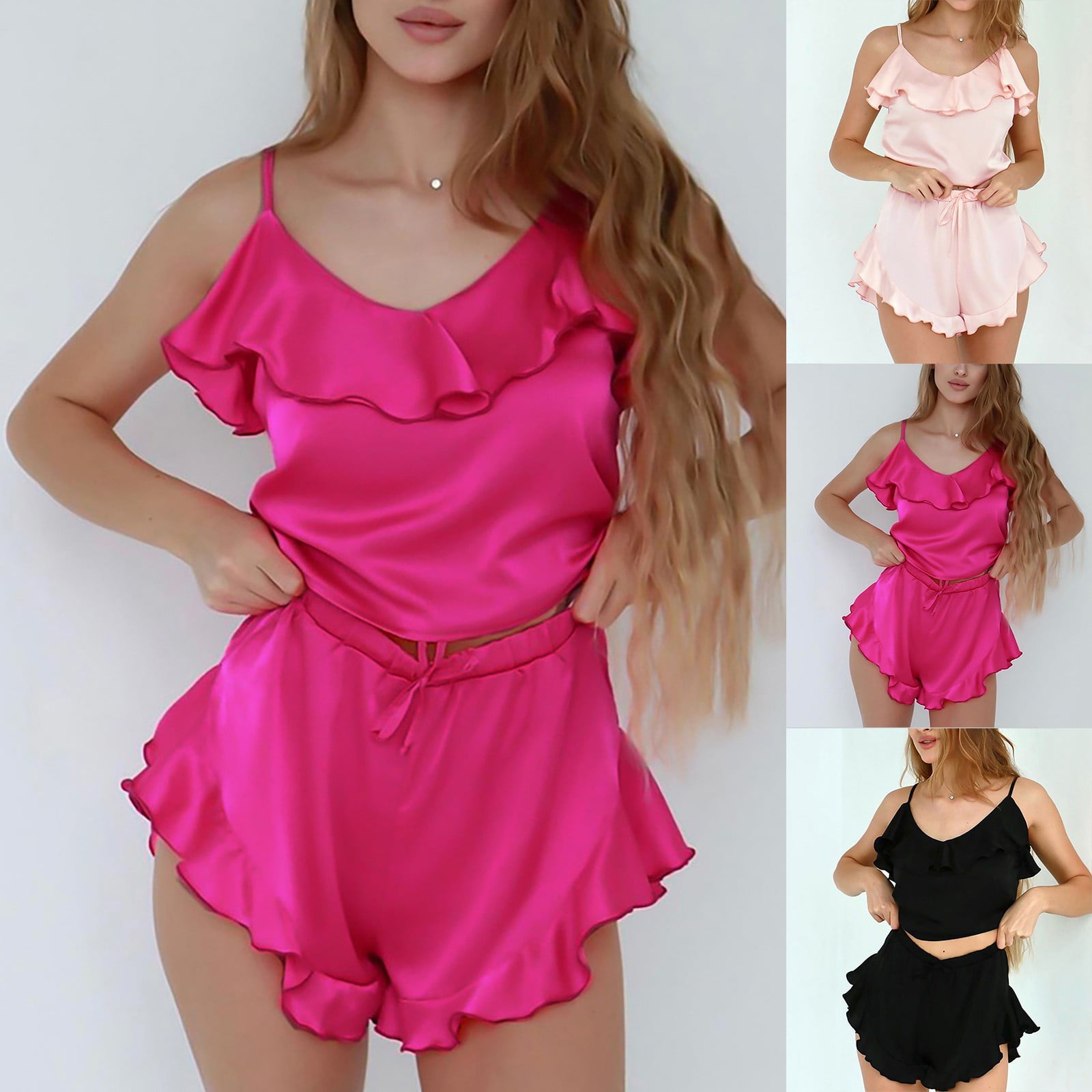 Vedolay Womens Summer Pajama Sets Ruffle Sleeve Top and Short Solid ...