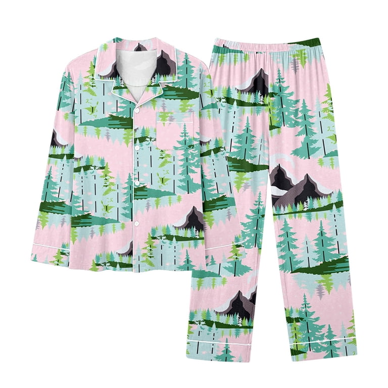 JIAYUE Women Pajama Set Notch Collar Pattern Print Satin Sleepwear Long ...