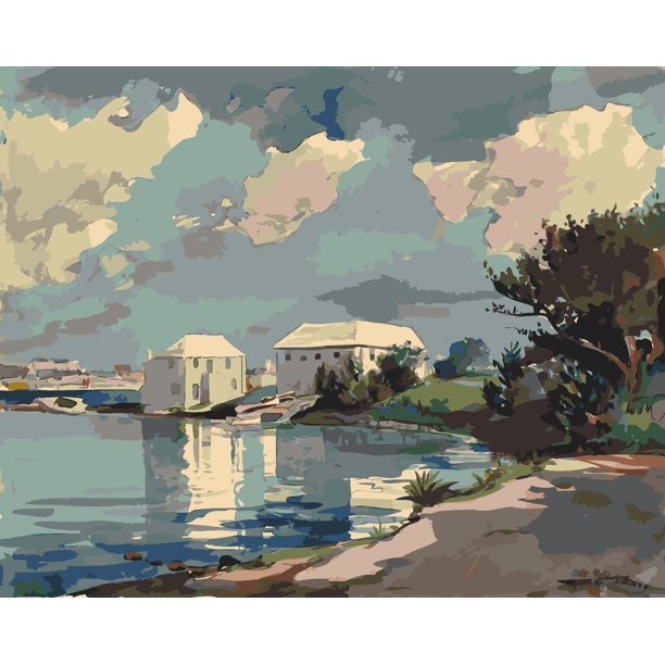 DIY Oil Painting Building Tree Water Natural landscape Sky Cloud Color ...