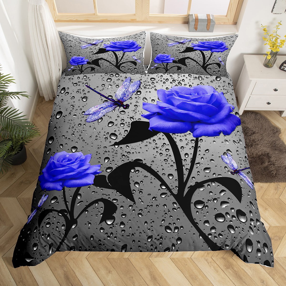 Dragonfly Bedding Set Blue Rose Duvet Cover Dragonfly Decor,Floral ...
