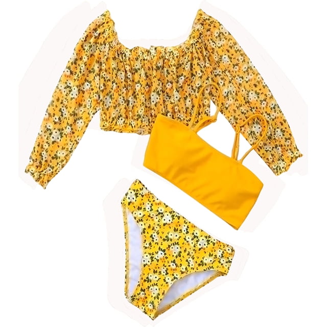 Girls Yellow Floral Printing Bathing Suit 3-Piece Long sleeve Swimsuits ...