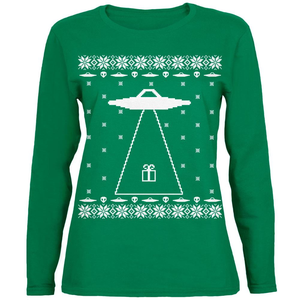 Alien Abduction Ugly XMAS Sweater Green Womens Long Sleeve T-Shirt - 2X ...