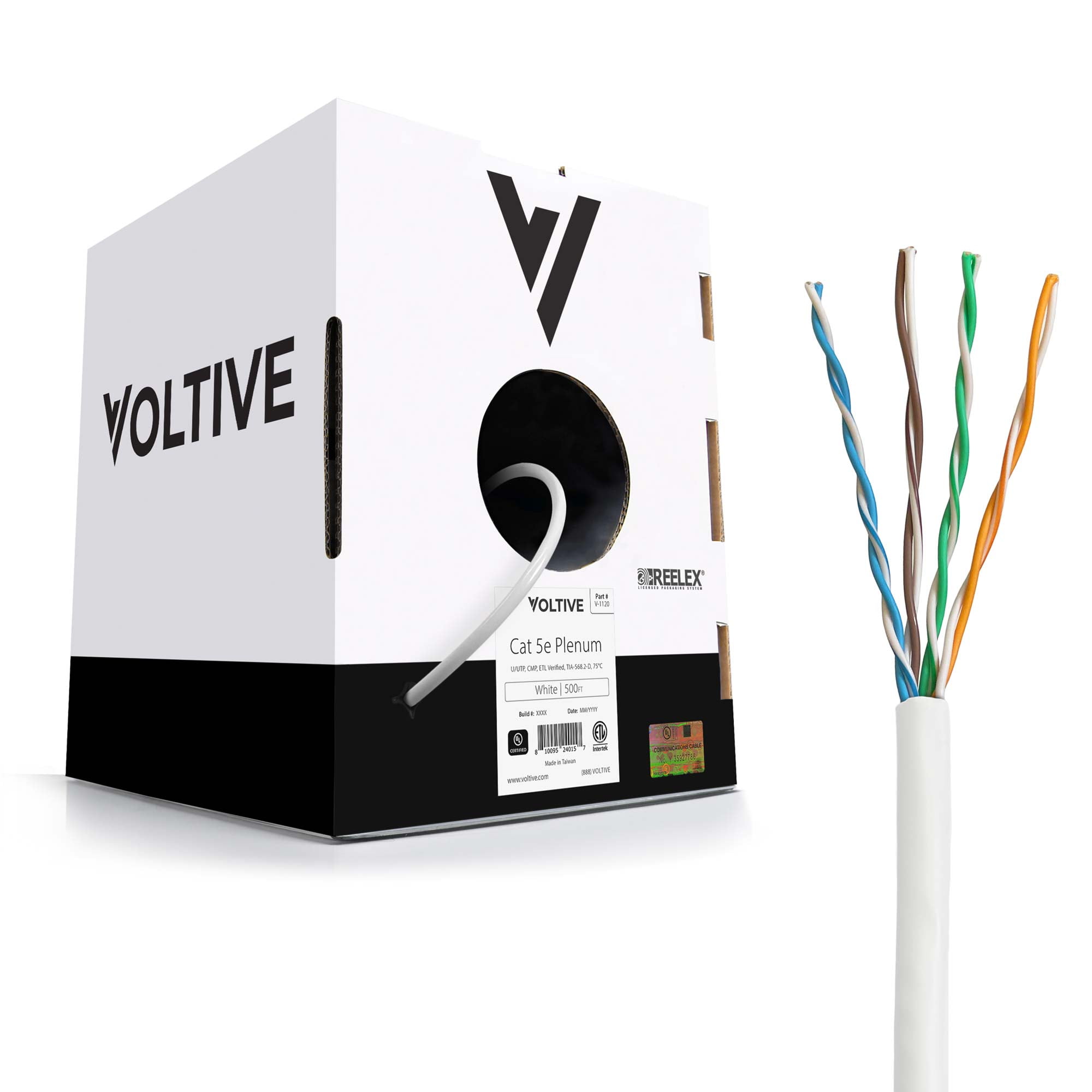Voltive Cat5e Plenum (CMP), 500ft, White - Solid Bare Copper Bulk ...