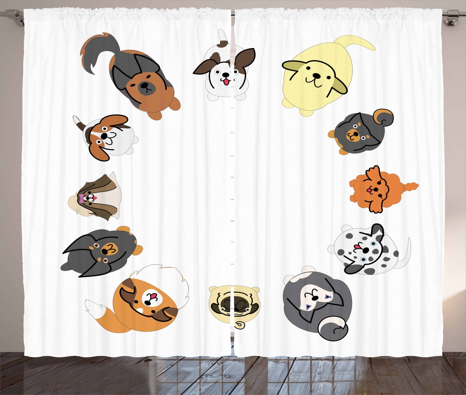 Dog Curtains 2 Panels Set, Various Different Dogs in Cartoon Style ...