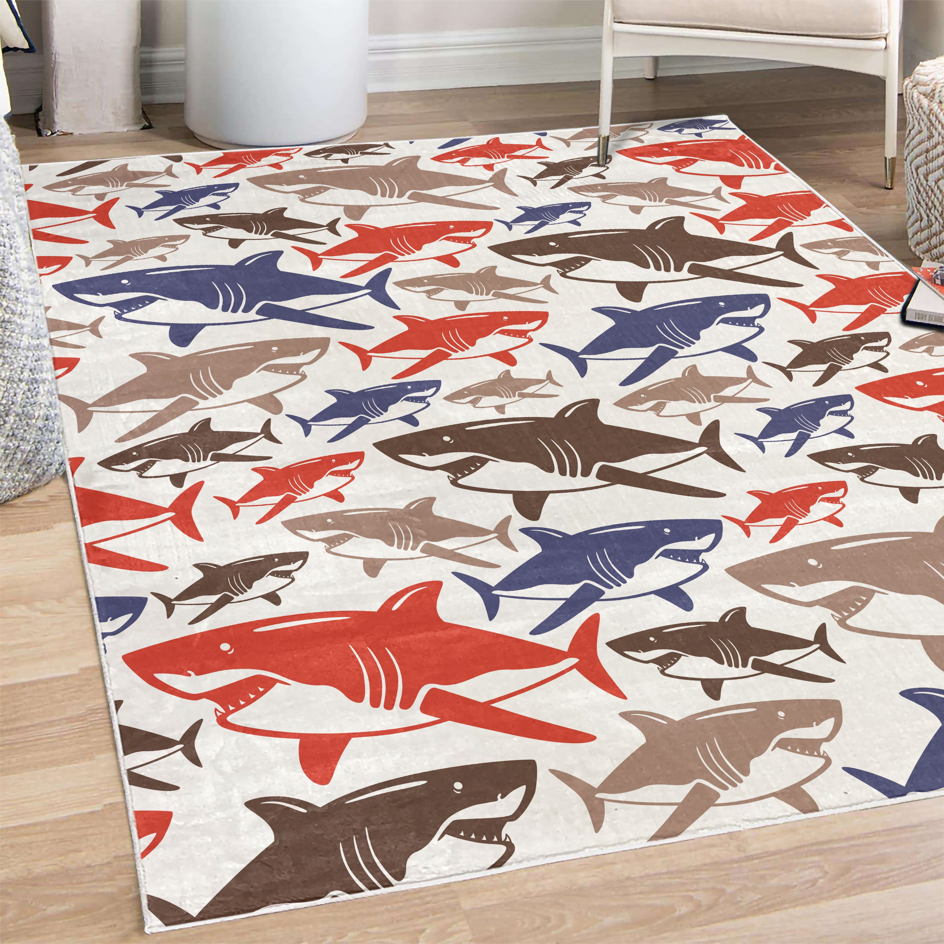 Shark Decorative Rug, Colorful Underwater Fish Pattern Masters Survival ...