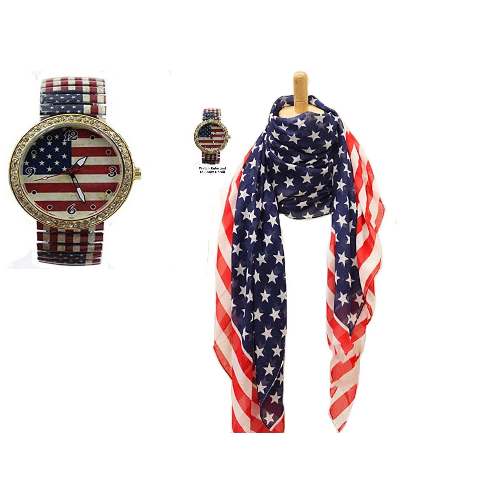 Flag Watch American Flag Scarf U.S.A. Stainless Steel Crystal Watch Set ...