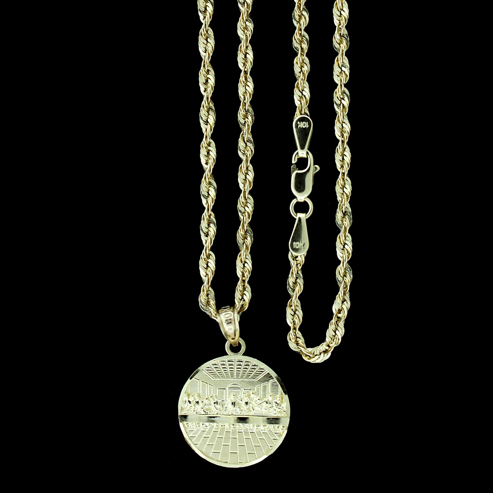 10K Yellow Gold Last Supper Jesus Charm Pendant With 2mm Rope Chain ...