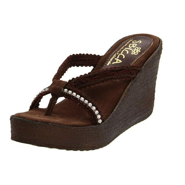 Sbicca Jewel Womens Embellished Wedge Toe Thong Sandals Brown Size 9