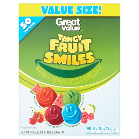 Great Value Tangy Fruit Smiles Fruit Snacks, 45 Total Oz, 50 Pouches ...