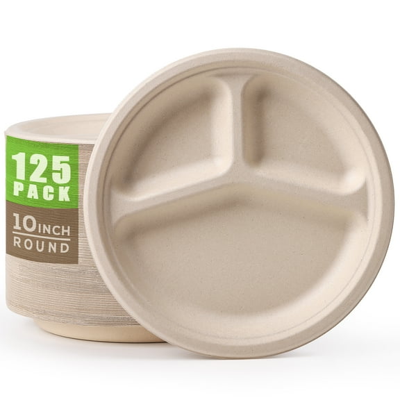 125 Pack 3 Compartment Plates Disposable, 10 inch Heavy-Duty ...