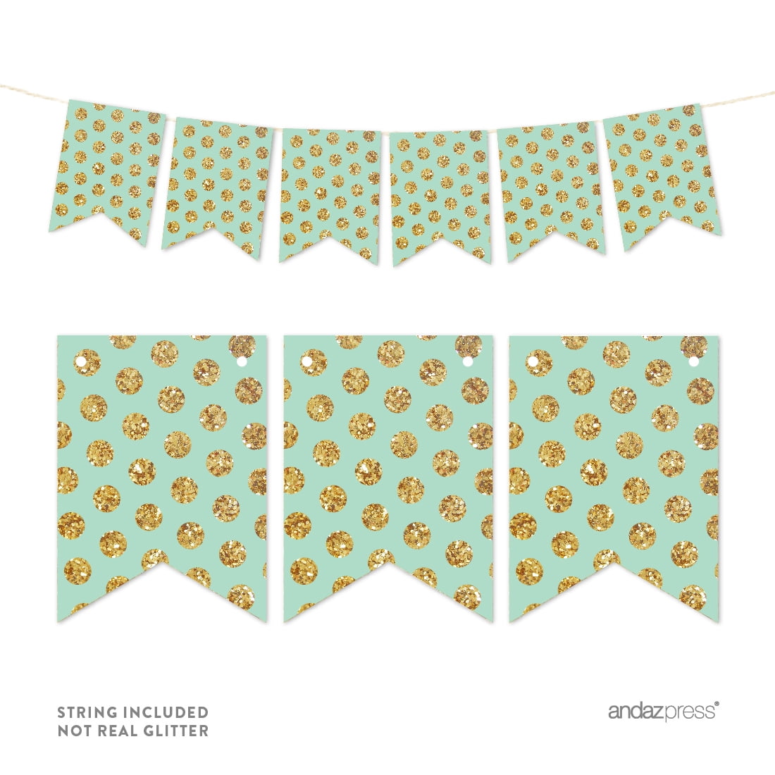 Mint Green Pennant Party Banner Gold Glitter Polka Dots - Walmart.com