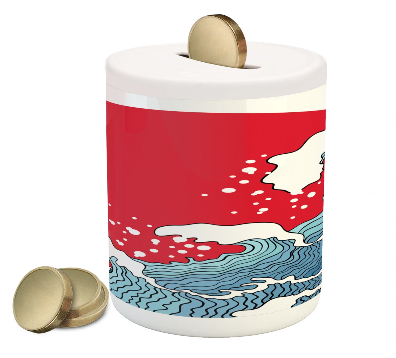 Japanese Wave Piggy Bank, Big Red Sun Setting Scenery Tropical Nautical ...
