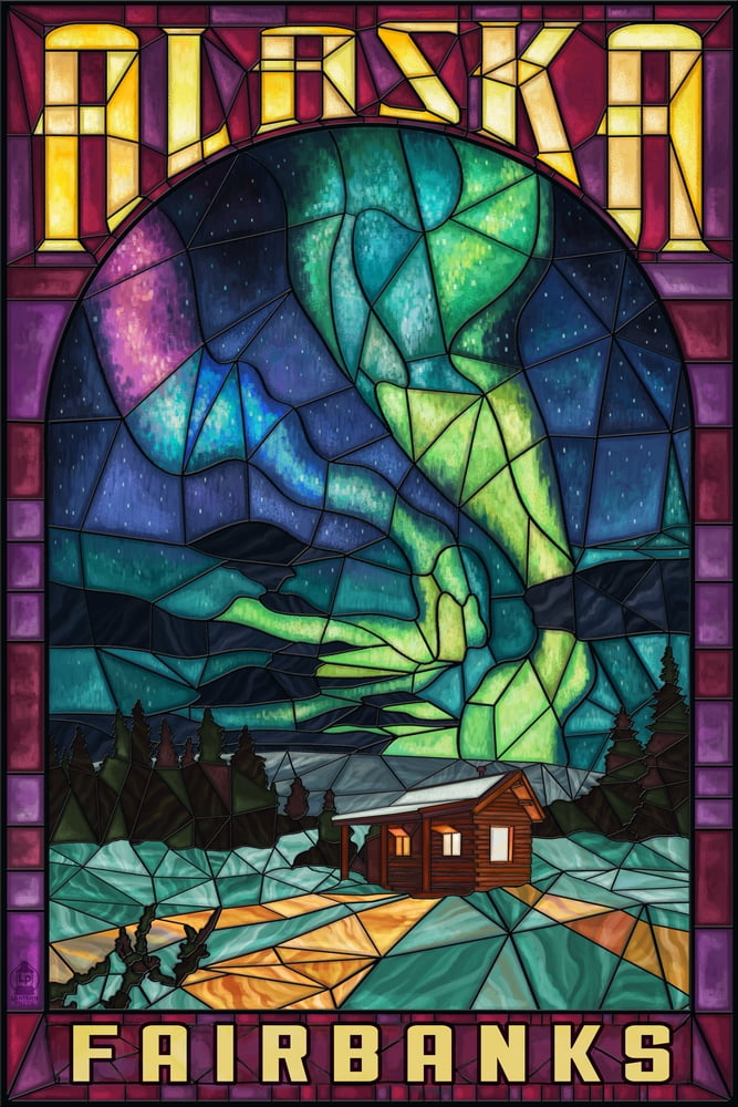 Fairbanks, Alaska, Cabin and Northern Lights Stained Glass (12x18 Wall ...
