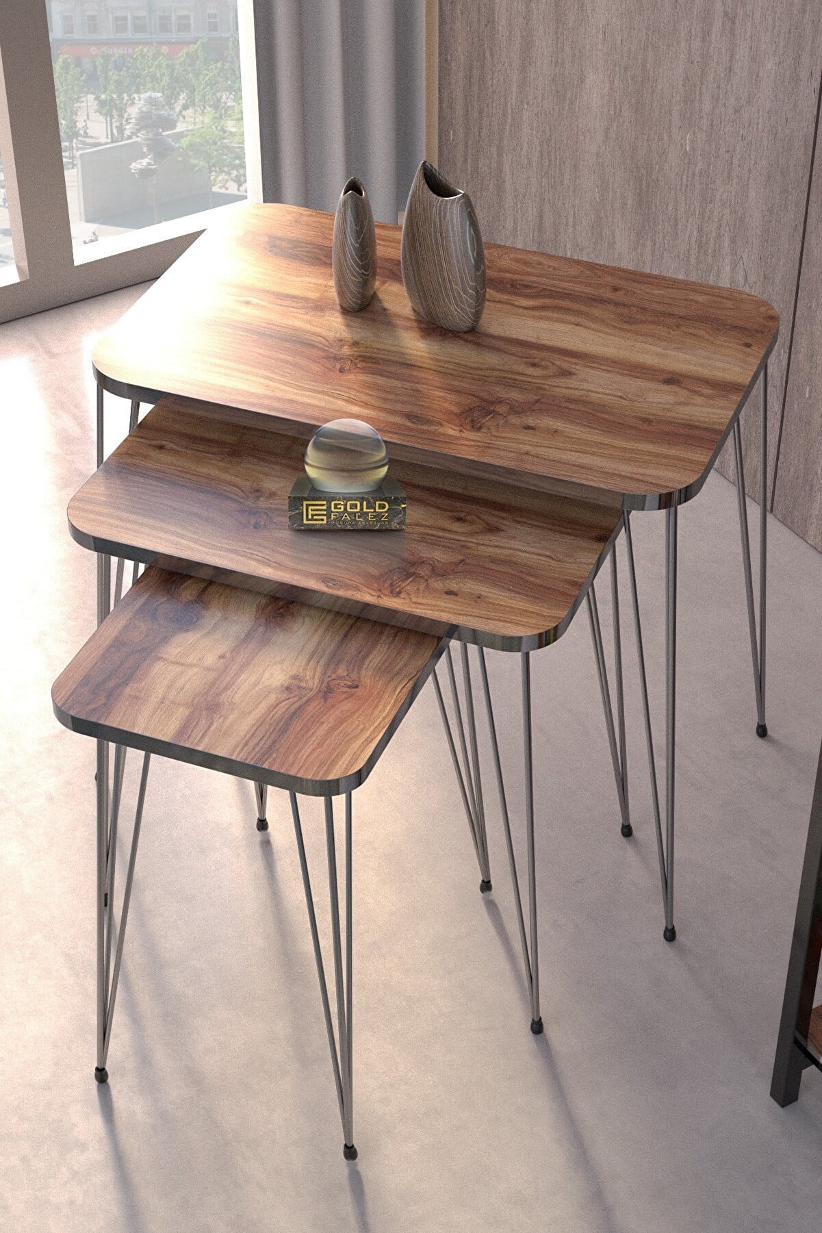 Walnut Nesting Coffee Table with 3-Rod Metal Legs,Rectangular Set of 3 ...