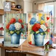 blue and white kitchen towels A blue bucket filled with red white and ...