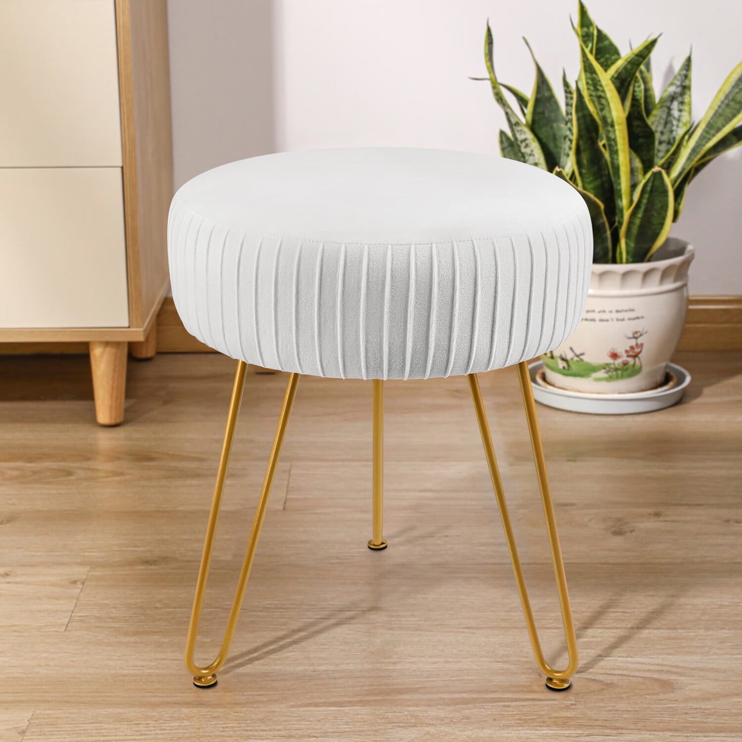 Velvet Footrest Stool Ottoman Pleated Round Modern Upholstered Vanity ...