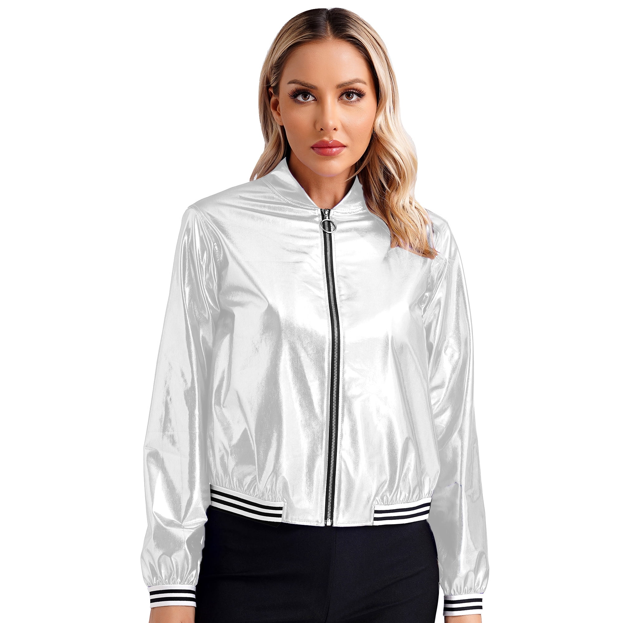 Click here for Tssoe Womens Shiny Metallic Bomber Jacket Plus Siz... prices