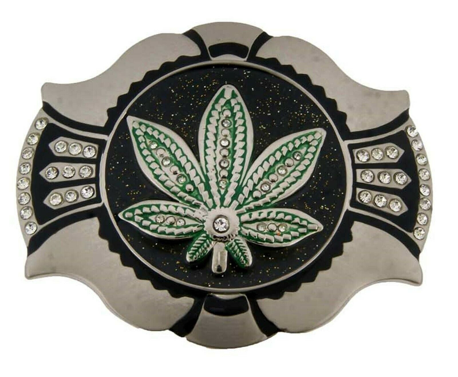 Green Marijuana Leaf Wide Square Belt Buckle Rhinestones on Border ...