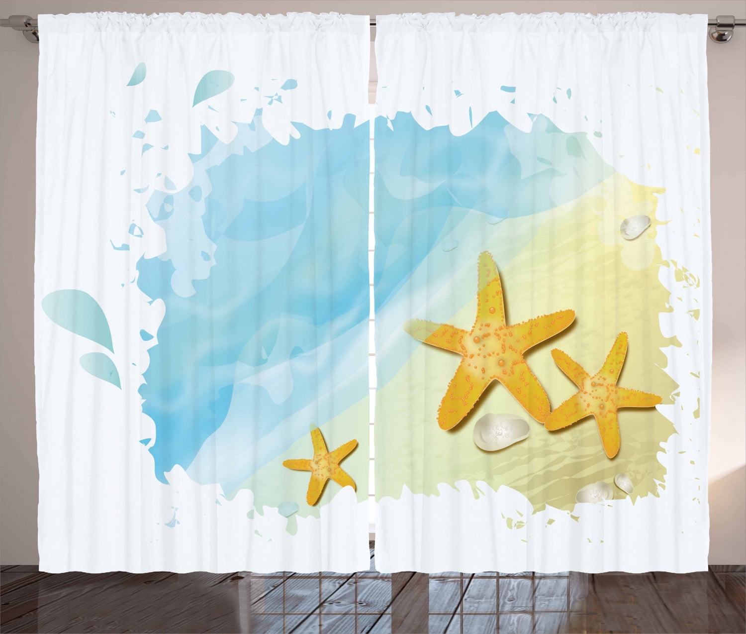 Starfish Decor Curtains 2 Panels Set, Artistic Beach Sand Small Rocks ...