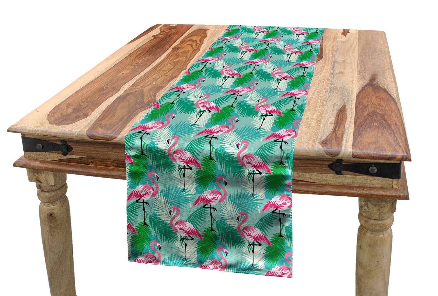 Exotic Table Runner, Layout of Flamingos Standing on One Foot with Island Woodland Leaves ...