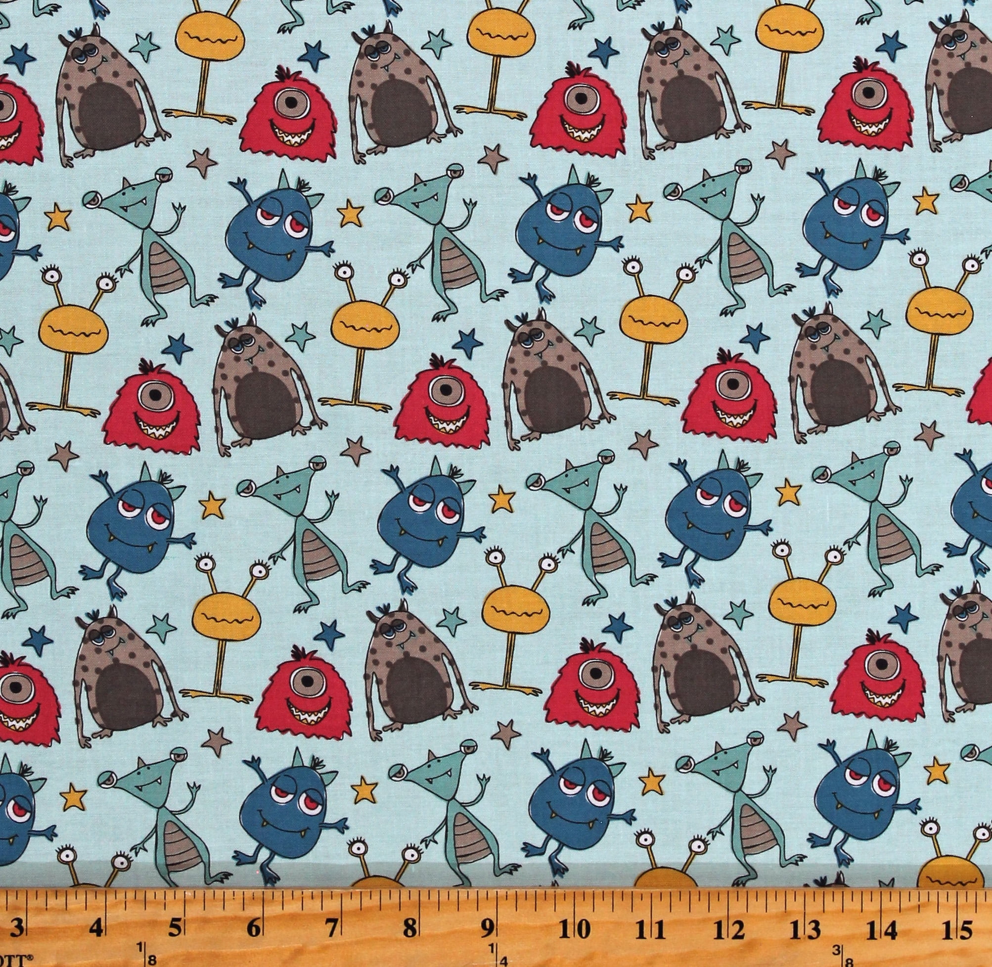 Cotton Aliens Monsters Stars Kids Space Pals Aqua Blue Cotton Fabric ...