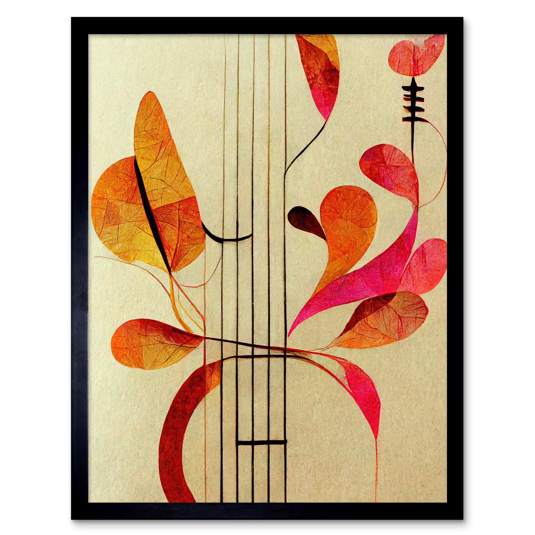 Abstract Autumnal Boho Leaves and Musical Music Staff Lines Cream Pink ...