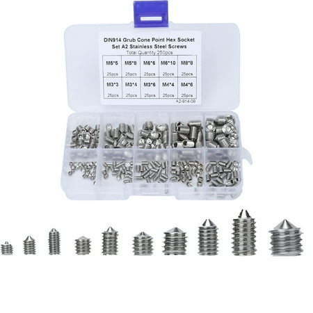 TopOne 250pcs Hex Allen Head Screws Assortment Kit M3 M4 M5 M6 M8 Grub Cone Point Hex Socket ...